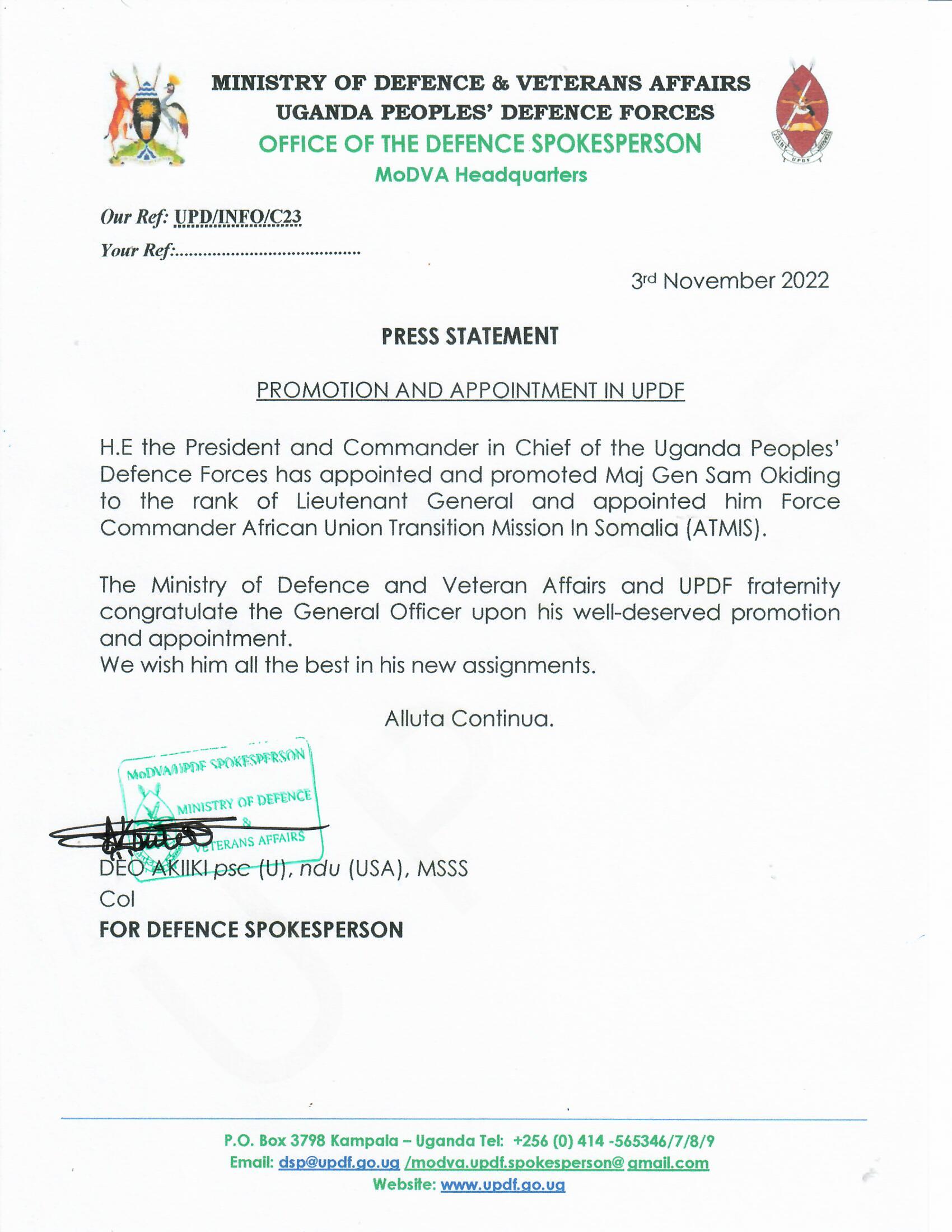 Ministry of Defence and Veterans Affairs (MODVA) | Uganda People's ...